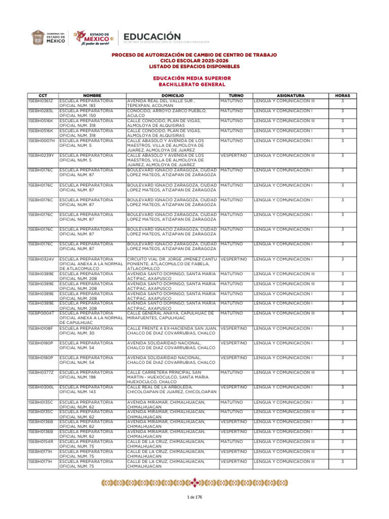 Espacios Disponibles Cambios Cct 15 MS | PDF | México