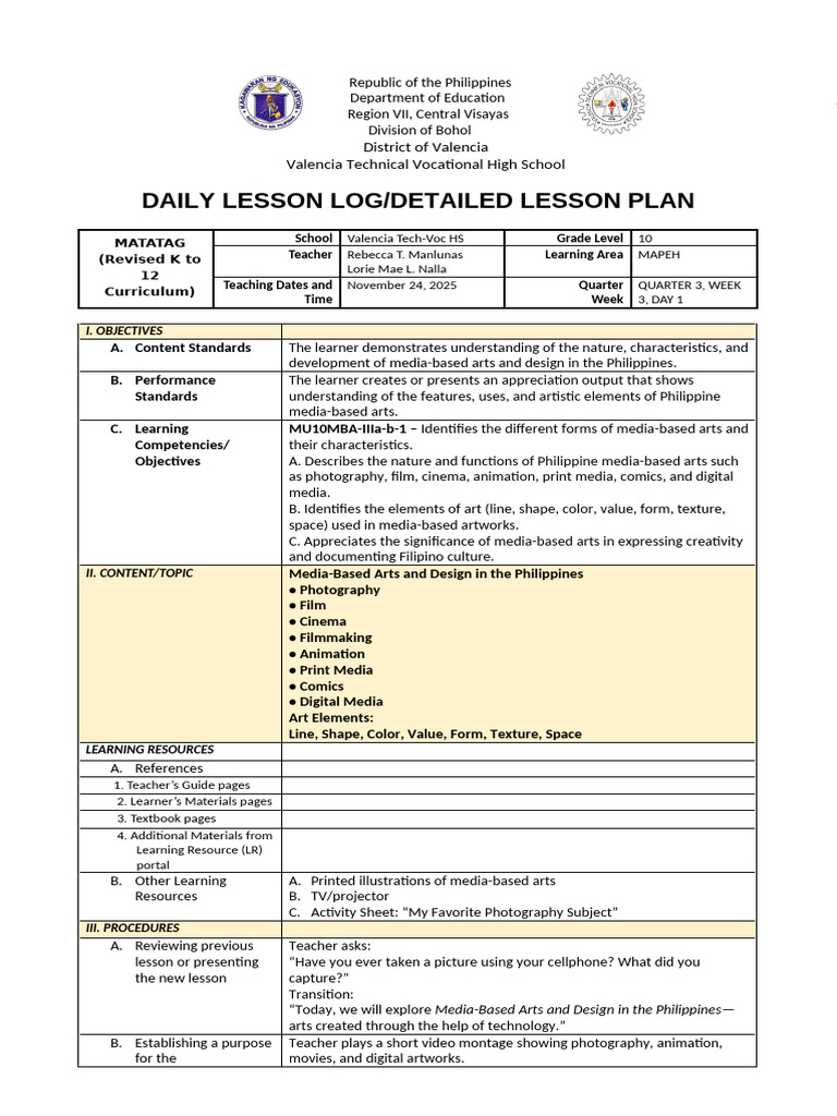 Dll Dlp Arts q3 w3 d1 5 | PDF | Teachers | Learning