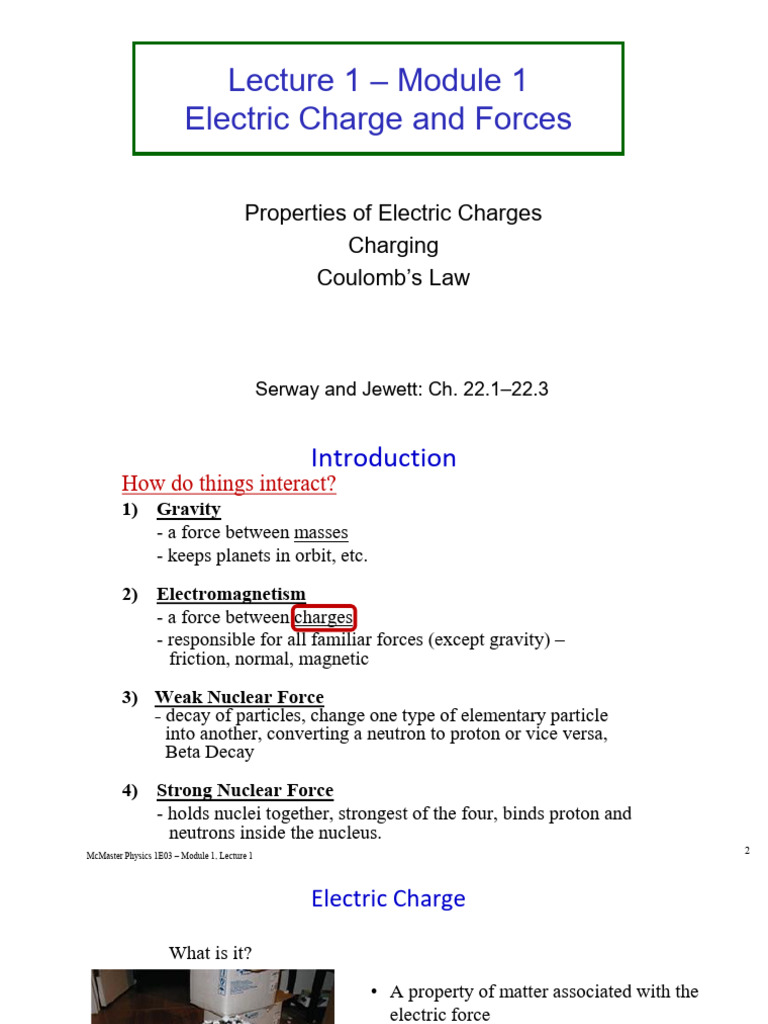 Lecture 1 (Module 1; Electric Charge and Forces) - Jan 6 - Copy | PDF ...