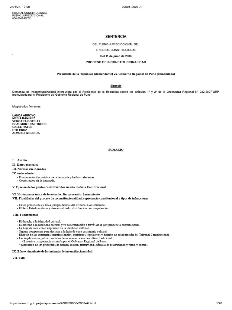 117. STC N° 00006-2008-AI. Identidad cultural | PDF | Constitución | Ley procesal