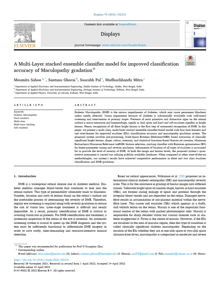 Multilayer Stacked Classifier -First Page | PDF | Retina | Medical ...