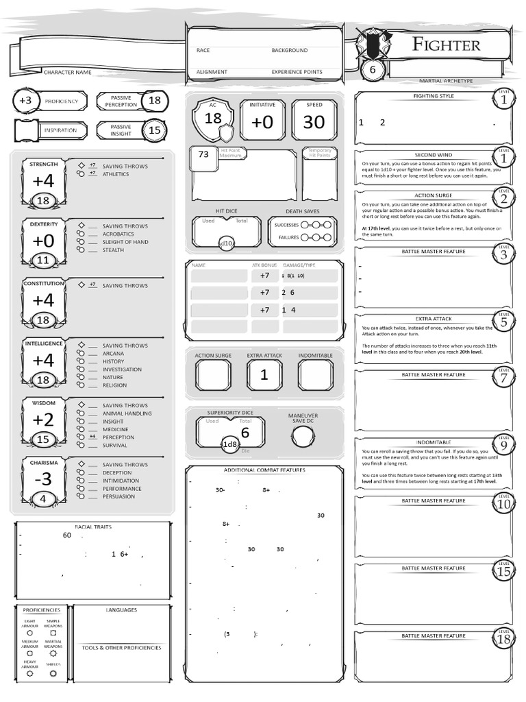 Class Character Sheet Fighter Fillable | PDF