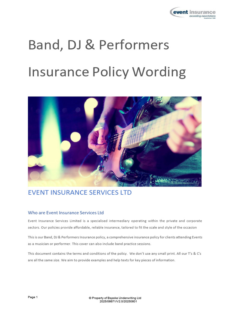Band DJ Performers Insurance Policy Wording Oct 2025 | PDF | Insurance ...