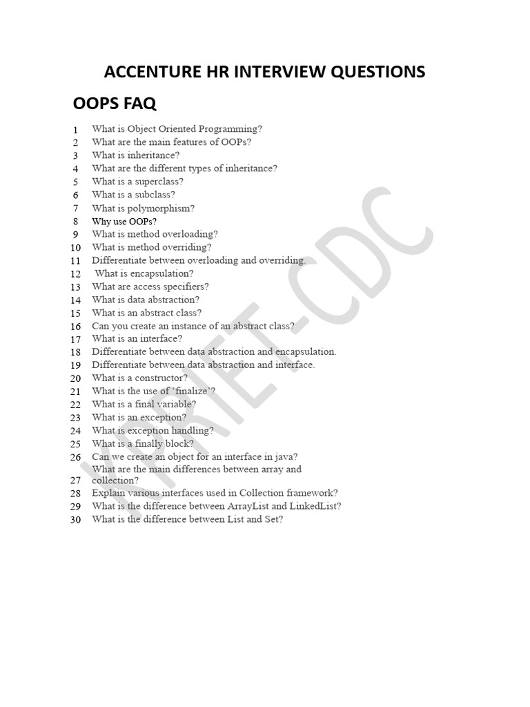 Accenture HR Interview FAQs on OOP, SQL, AI | PDF | Method (Computer ...