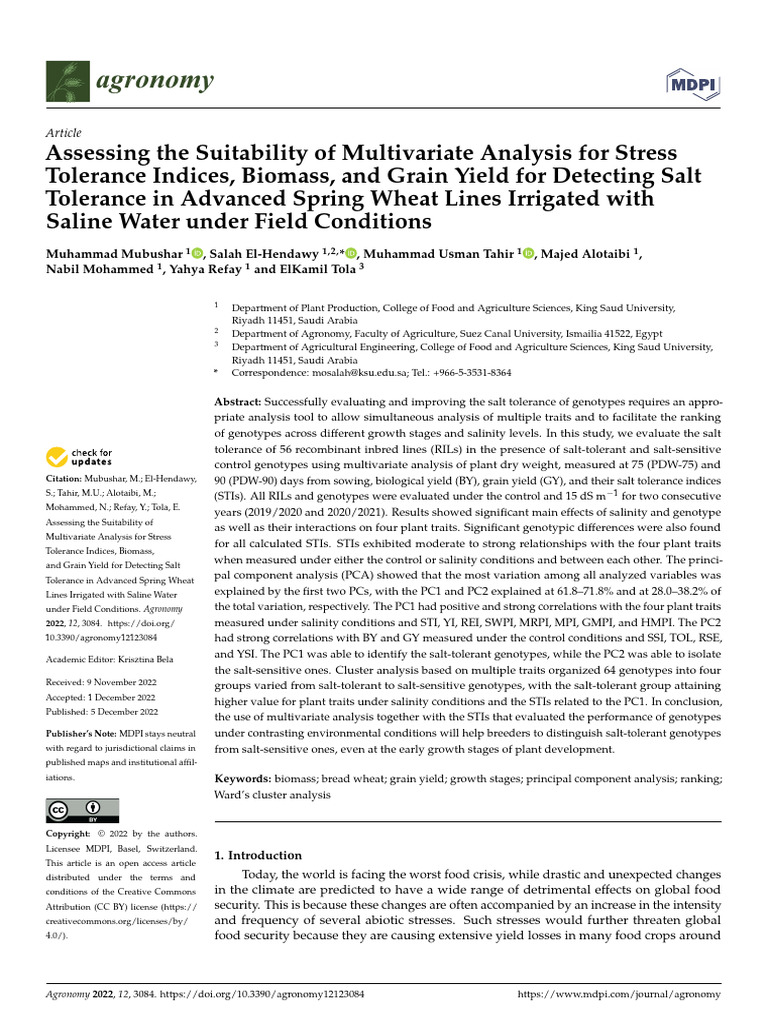 Salt Tolerance in Wheat: Multivariate Analysis | PDF | Agriculture ...