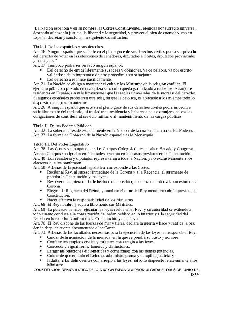 Constitución Española de 1869: Derechos y Poderes | PDF | Cortes ...