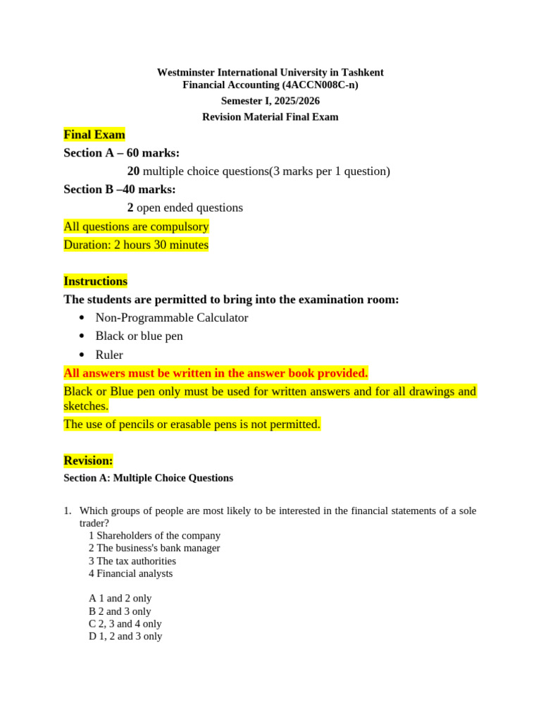 FA Revision for Final Exam With Answers | PDF | Debits And Credits ...