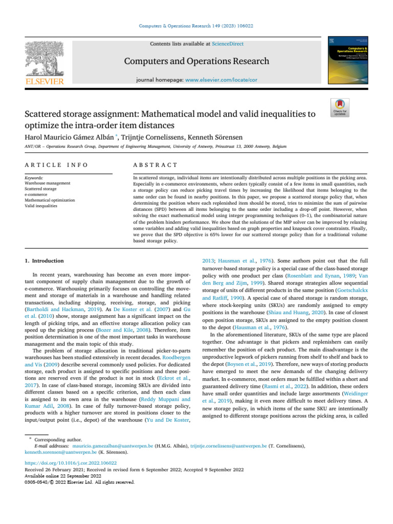 Scattered Storage Assignment: Mathematical Model and Valid Inequalities ...