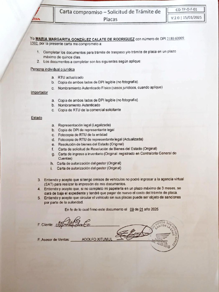 carta de compromiso tramite de placas. | PDF