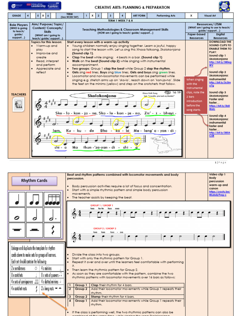 Lesson Plan Gr 5 Creative Arts Perfoming Arts T1 W 7,8 | PDF | Rhythm ...