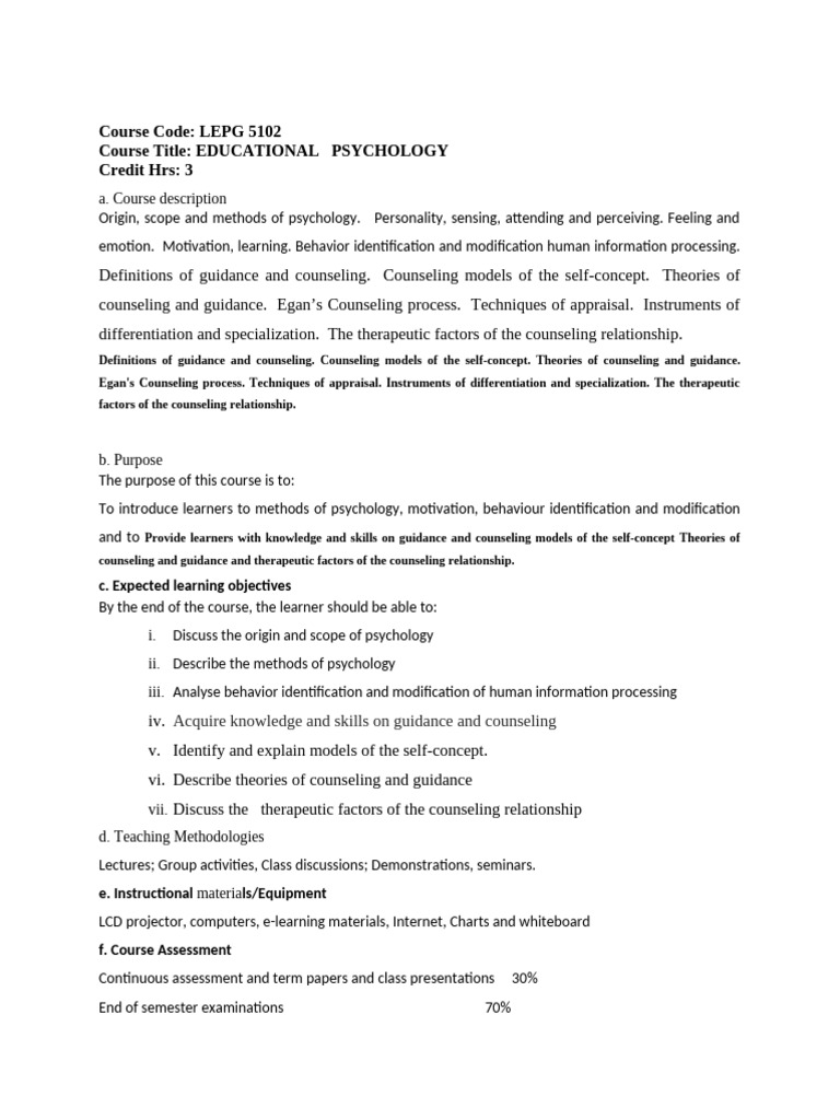 Course Outline Educational Psychology | PDF | Learning | Psychology