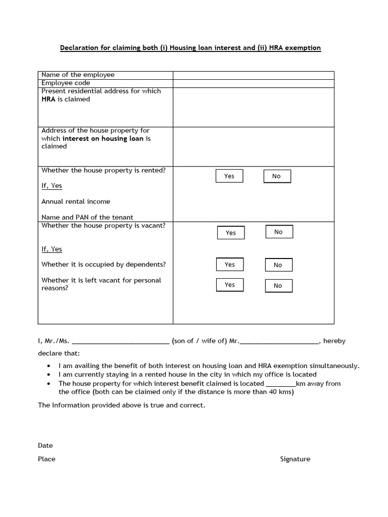 Housing Loan Interest & HRA Declaration Form | PDF