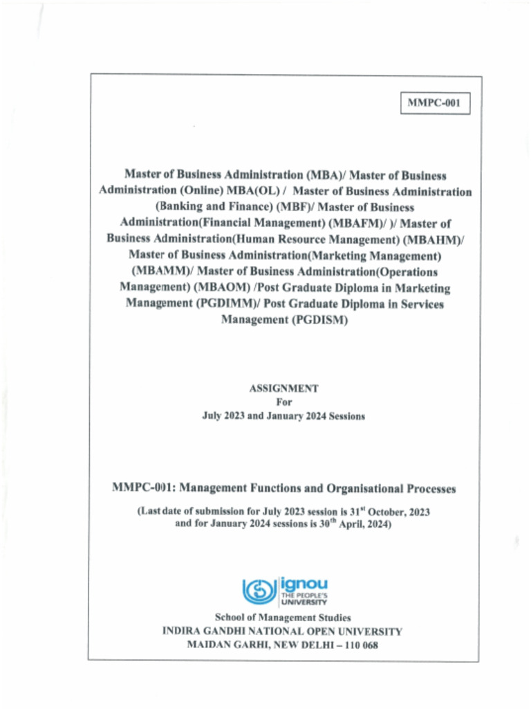 Assignment for MMPC-001 Management Function and Organization Process | PDF