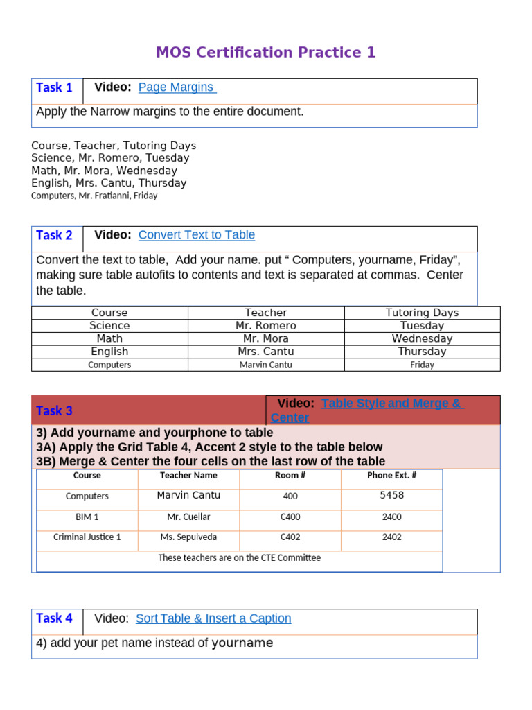 MOS Certification Practice Tasks Guide | PDF