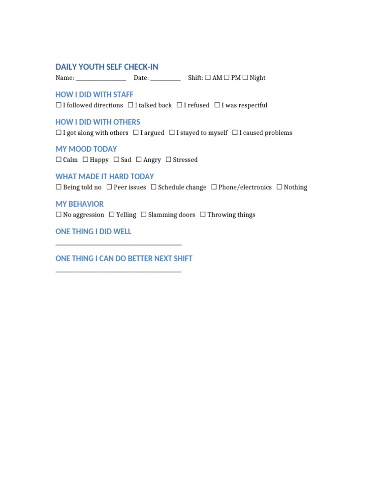Youth Daily Self Check In | PDF