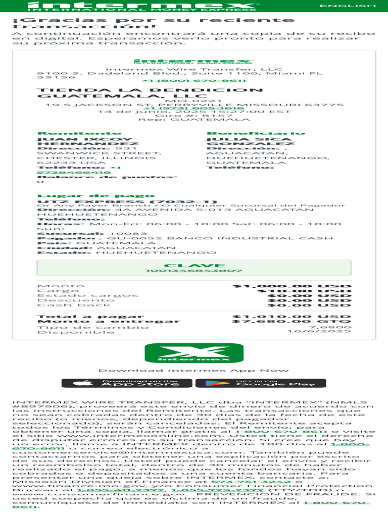 Recibo de Transferencia Intermex | PDF | Tecnología financiera ...