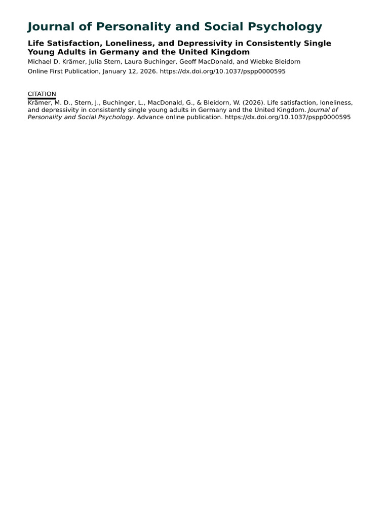 Life Satisfaction, Loneliness, and Depressivity in Consistently Single ...