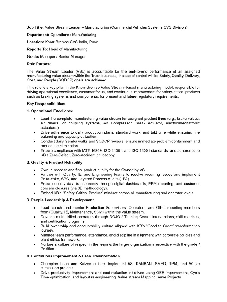 Value Stream Leader Job Description R2.2 08Dec2025 | PDF | Performance ...