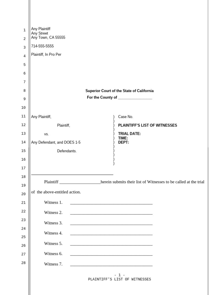 46840377 Sample Witness List for California | PDF | Legal Procedure ...