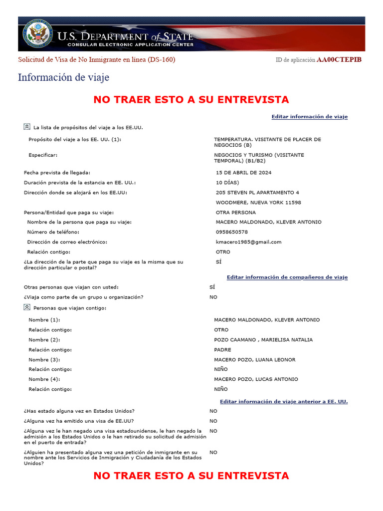 Solicitud de Visa DS-160 para EE. UU. | PDF | Visa de viaje | Migración ...