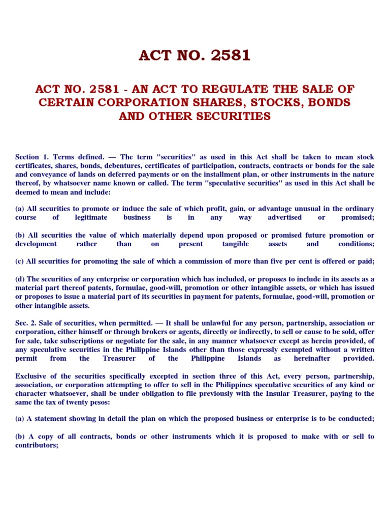 ACT NO. 2581, Commonly Known As Blue Sky Law | PDF | Securities ...