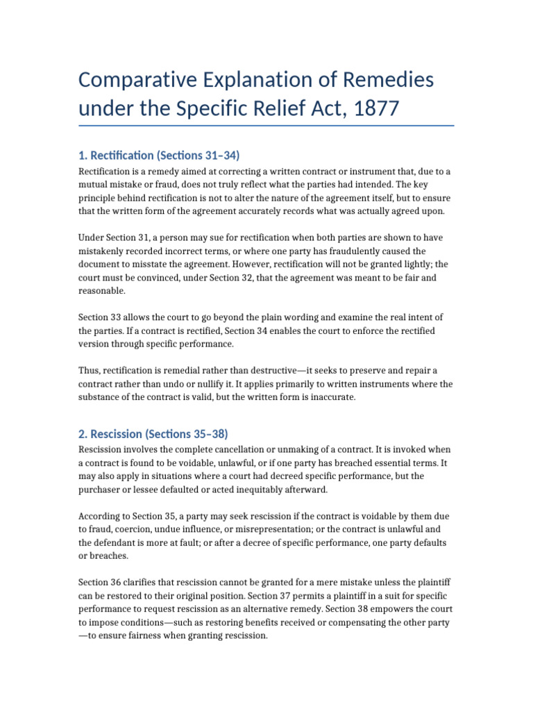 Detailed Comparison Specific Relief Act Remedies | PDF | Legal Remedy ...