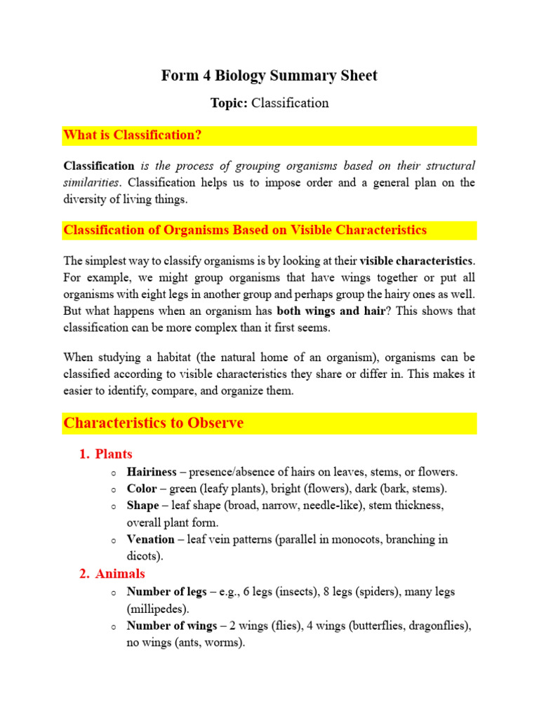 Classification Summary Sheet | PDF | Cell (Biology) | Plants