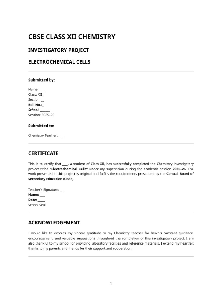 CBSE Class XII Electrochemical Cells Project | PDF | Electrochemistry ...