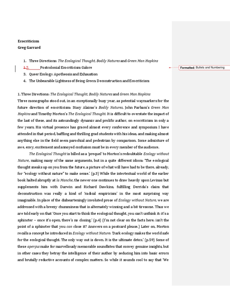 Ecocriticism Greg Garrard: Formatted: Bullets and Numbering | PDF ...