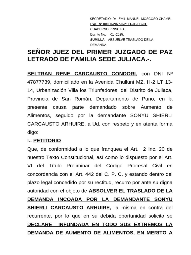 CONTESTACION BELTRAN CARCAUSTO | PDF | Ley procesal | Demanda judicial