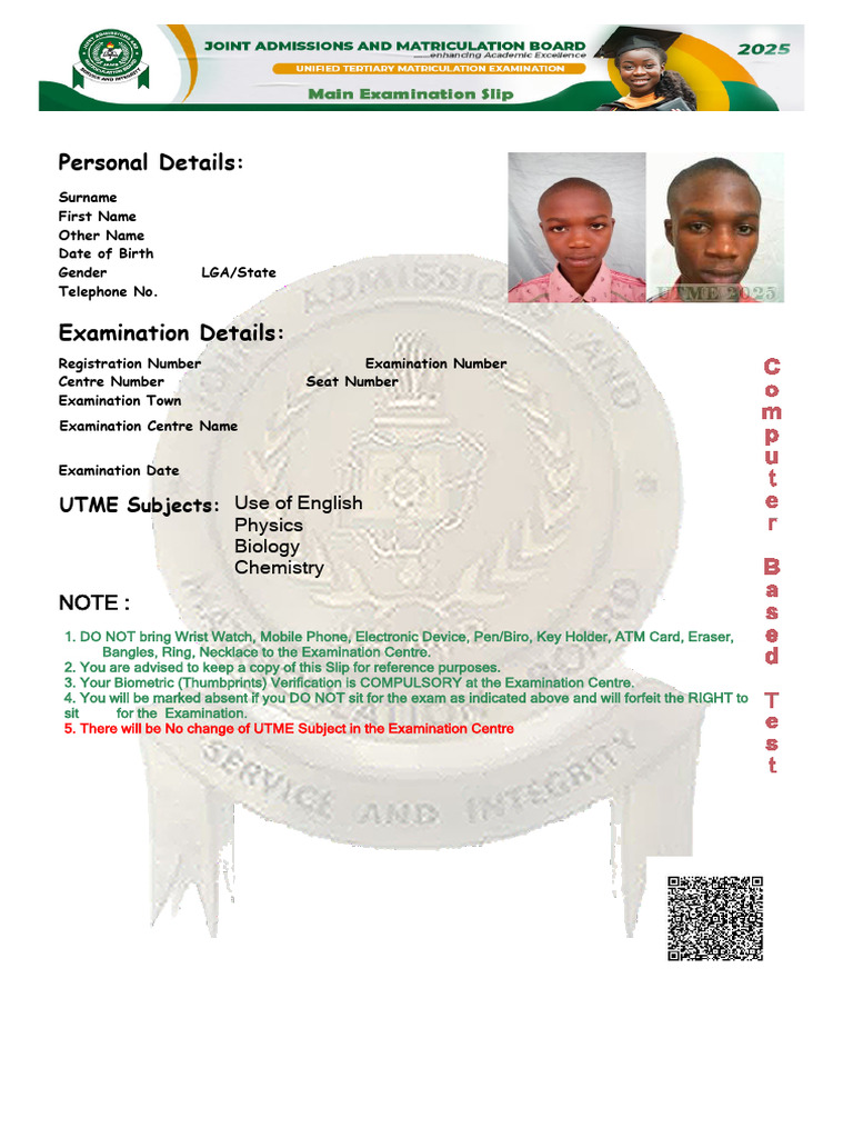 Main Examination Slip | PDF