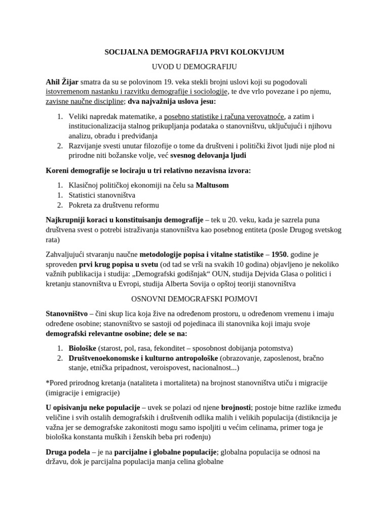 Socijalna Demografija Prvi Kolokvijum | PDF