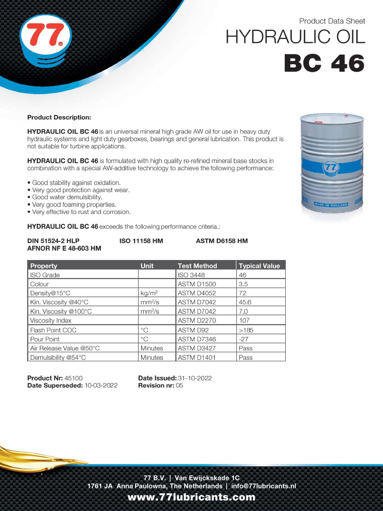 Hydraulic Oil Bc 46 77 Lubricants | PDF
