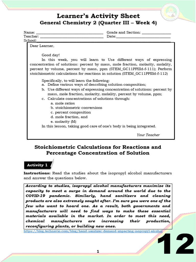 Stoichiometry and Solution Concentration | PDF | Stoichiometry ...