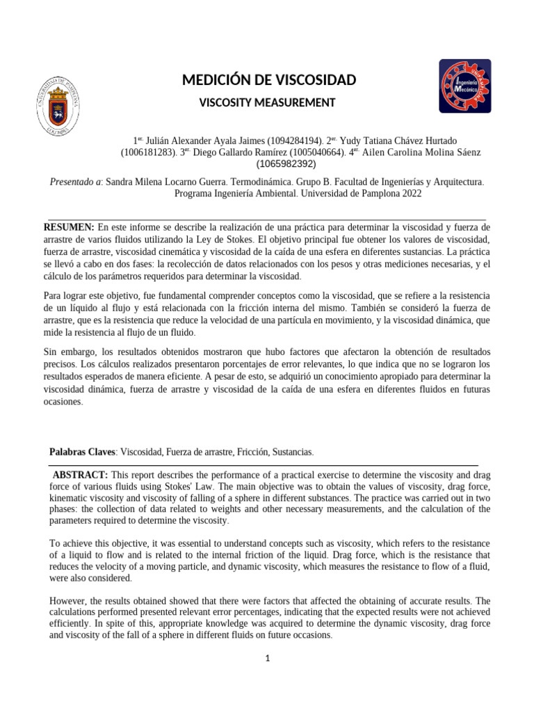 Práctica #2 viscosidad (1) (Reparado) | PDF | Viscosidad | Fuerza