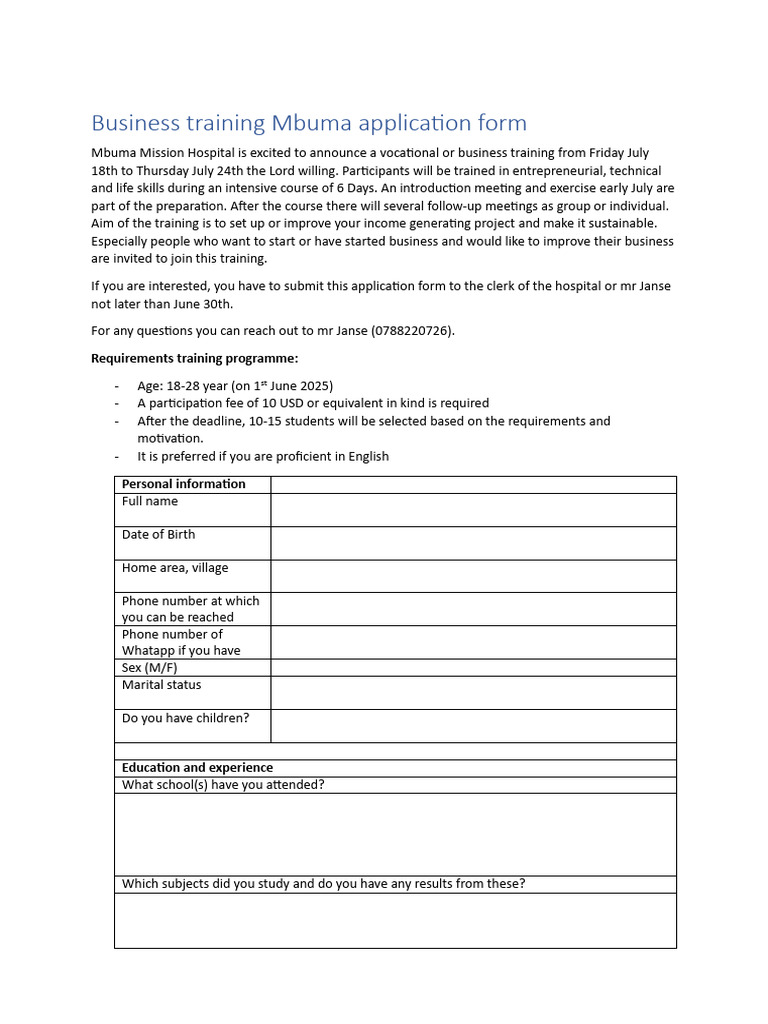 Application Forms Vocational -Business Training Mbuma | PDF