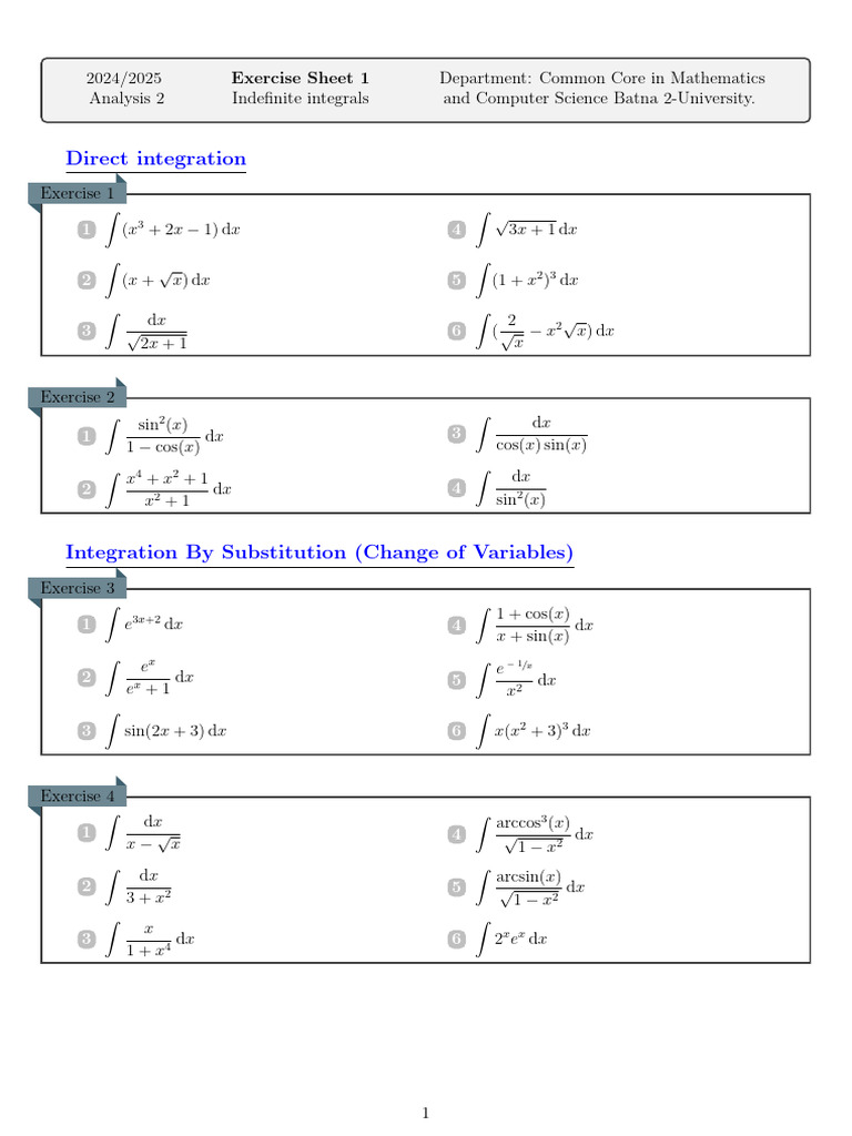 Indefinite Integrals Exercise Sheet | PDF | Algebra | Functions And ...