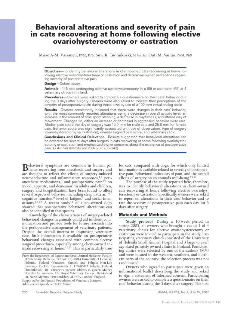5. Behavioral Alterations and Severity of Pain in Cats Recovering at ...