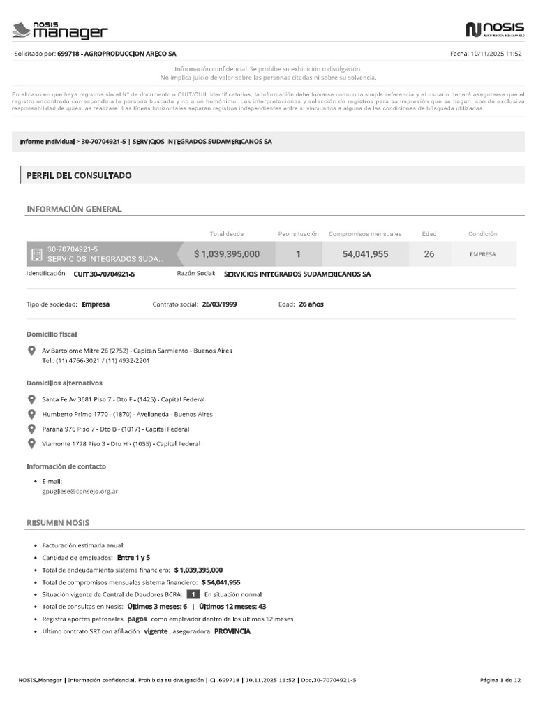 02 Informe Nosis Servicios Integrados Sudamericanos Sa 10-11-2025 | PDF