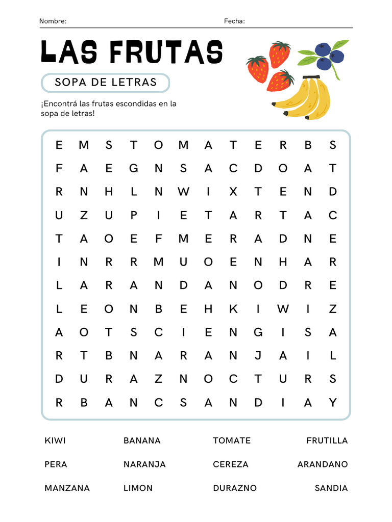 Sopa de Letra de Frutas Hoja de Trabajo Colorida | PDF