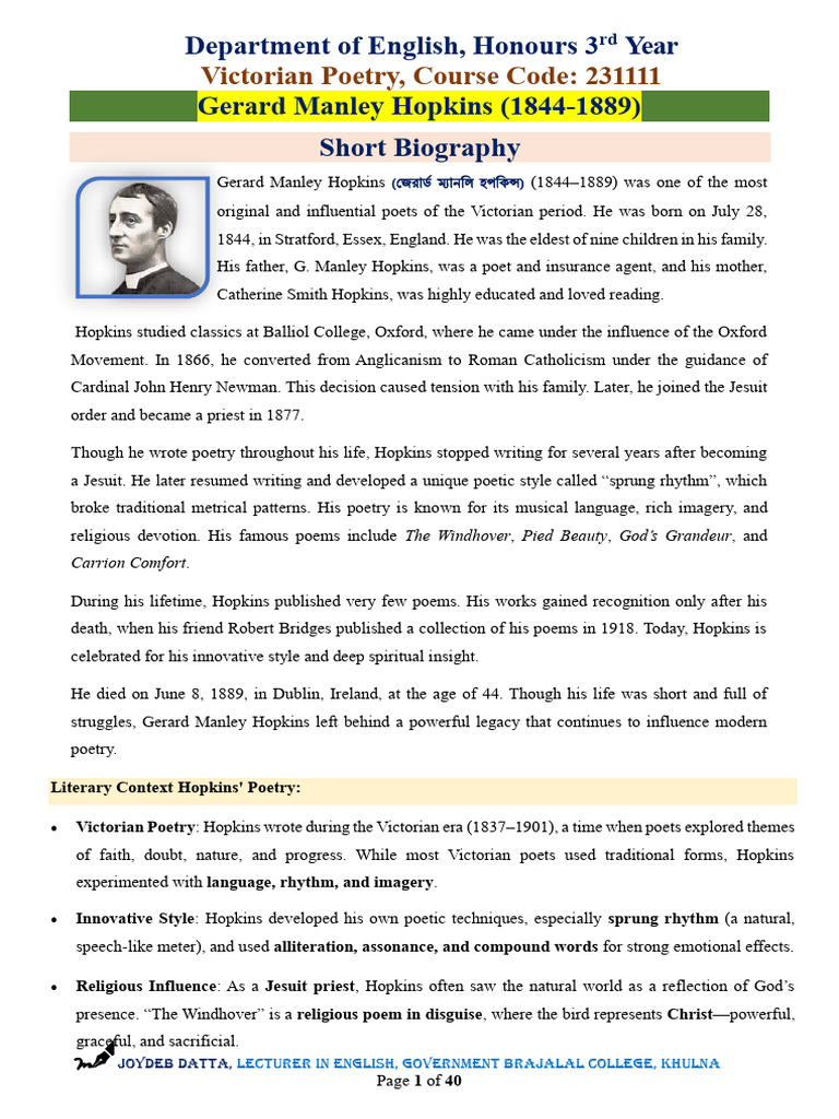 Gerard Manley Hopkins: Poet of Nature | PDF | Poetry