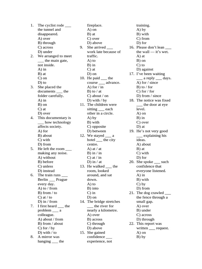 English Prepositions and Adverbs Quiz | PDF
