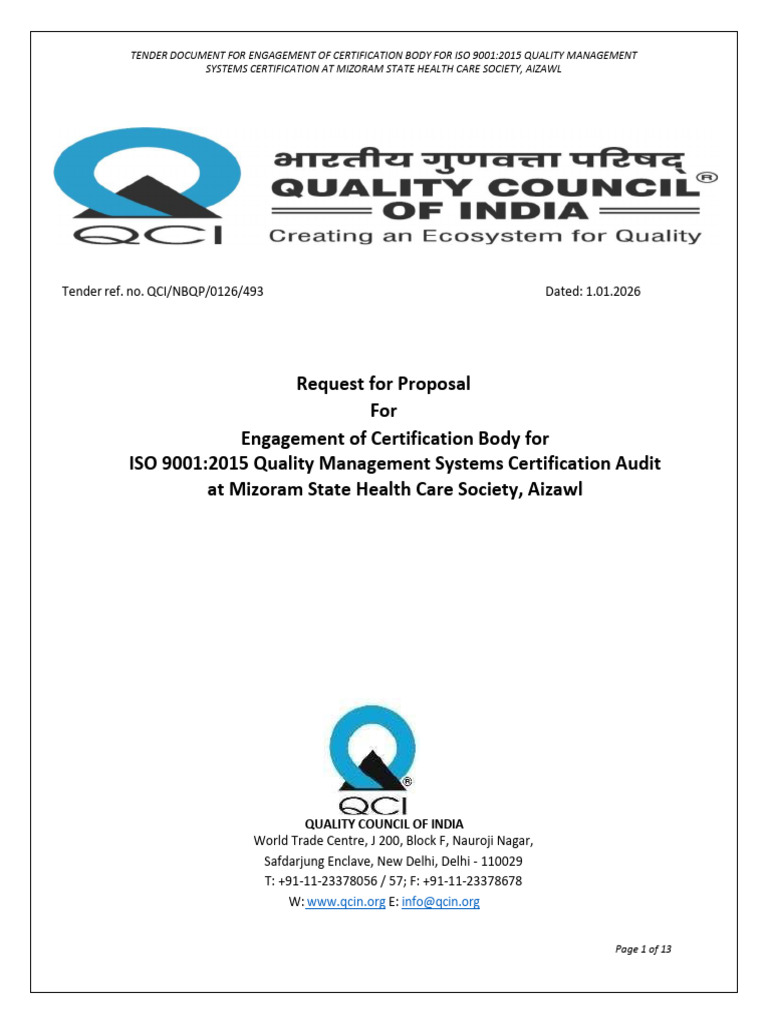 RFP - 493 - Engagement of Certification Body For ISO 9001 2015 Quality ...