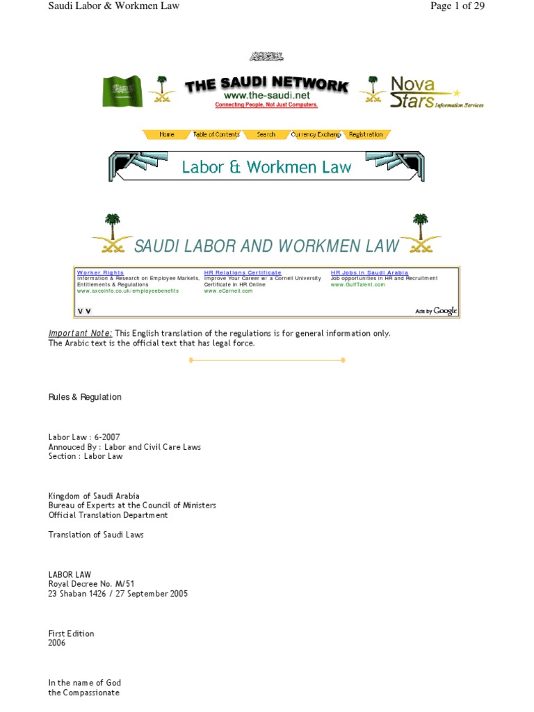 Saudi Labor - Law 6-2007 | PDF | Employment | Labour Economics