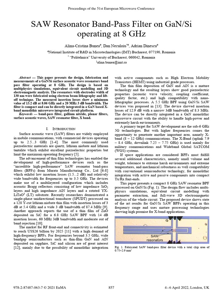 SAW Resonator Band-Pass Filter on GaN Si Operating at 8 GHz | PDF ...