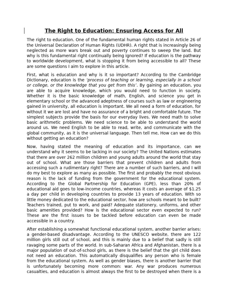 The Right to Education 1 | PDF | Knowledge | Poverty