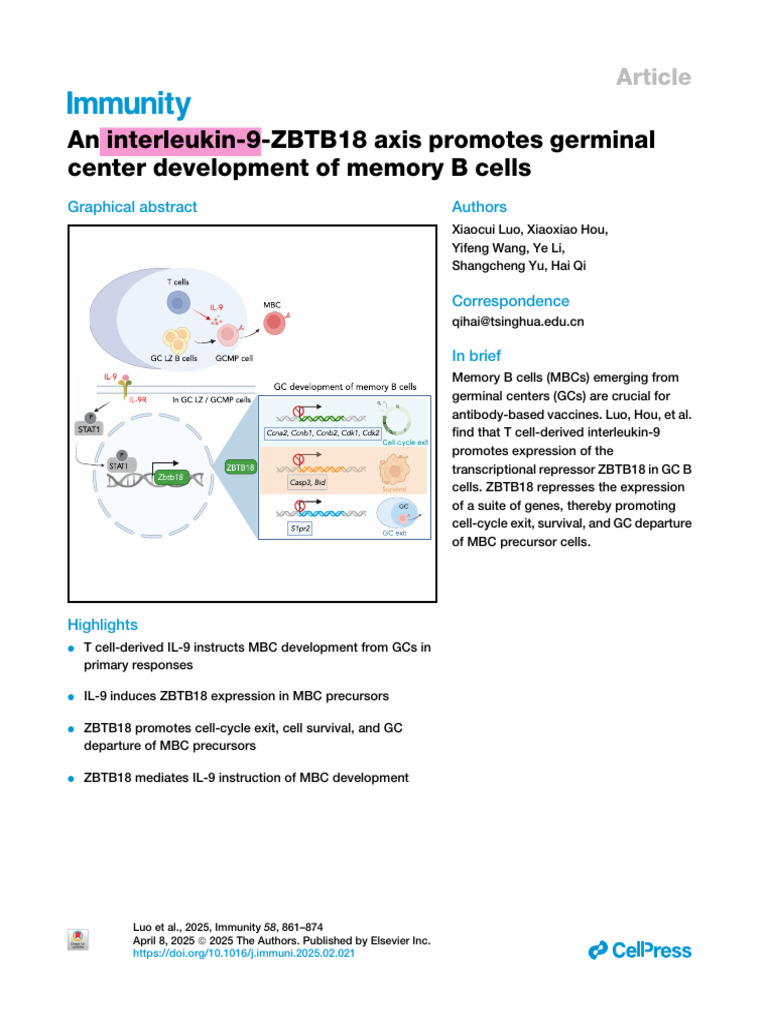 LUO 2025 - An Interleukin-9-ZBTB18 Axis Promotes Germinal Center ...
