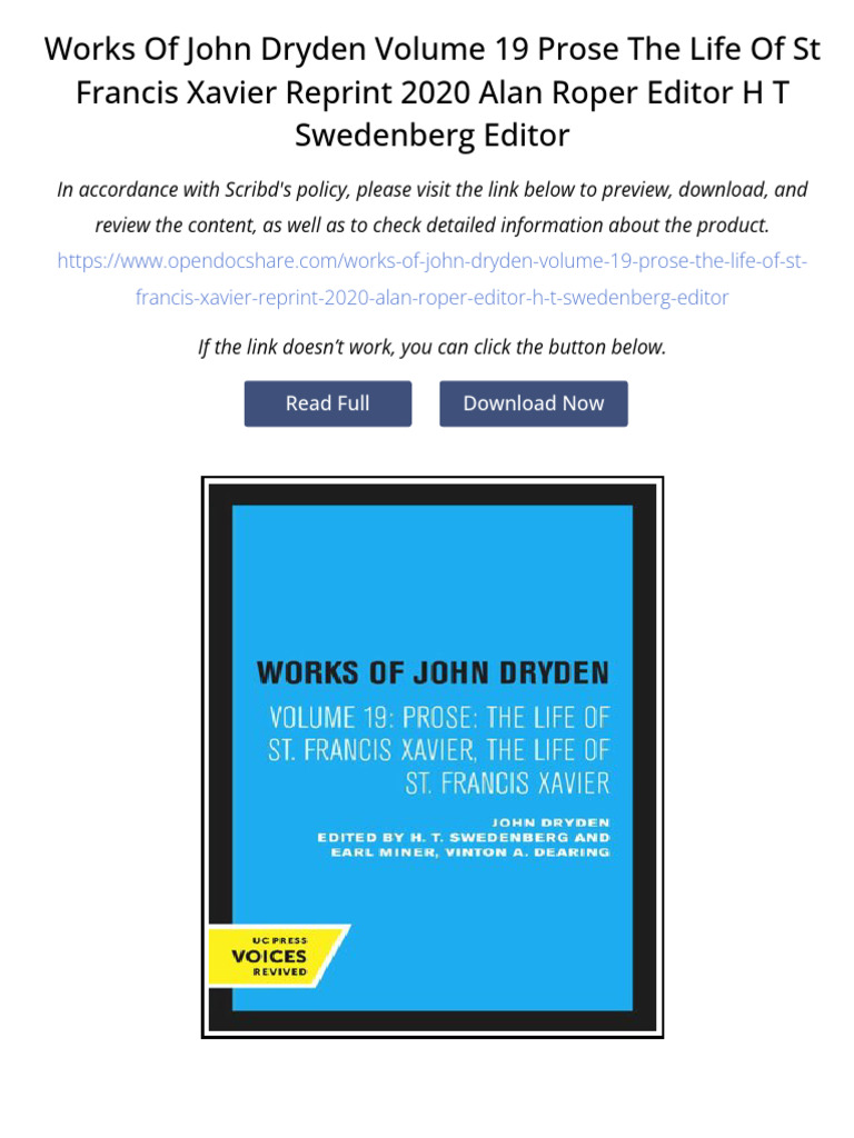 Works Of John Dryden Volume 19 Prose The Life Of St Francis Xavier ...