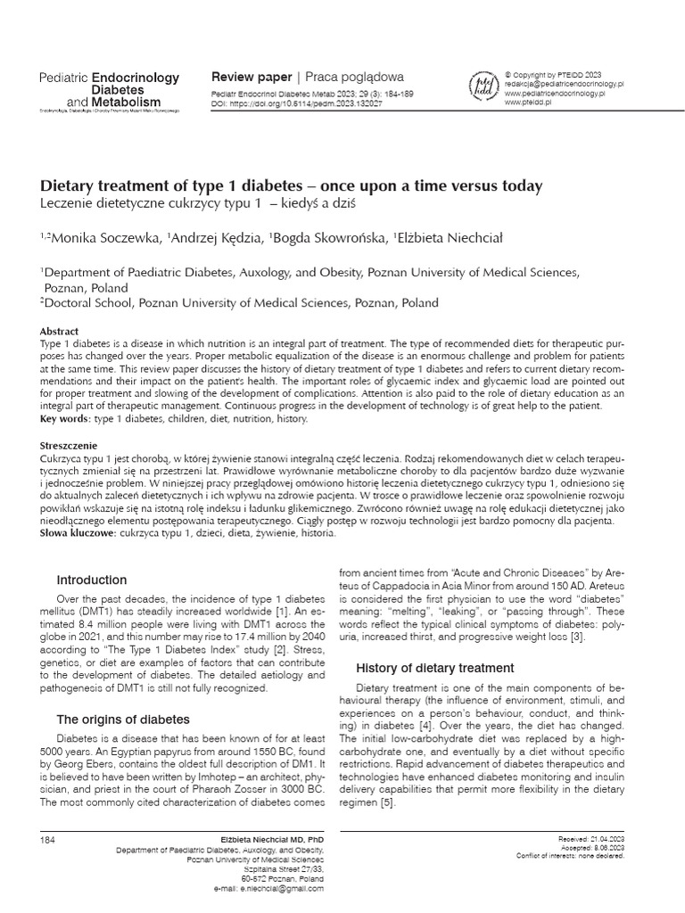 Dietary treatment of type 1 diabetes - once upon a time versus today ...