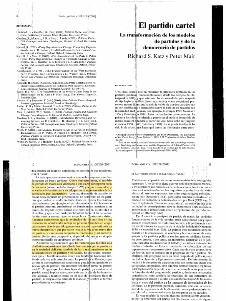 Katz y Mair - El Partido Cartel. La Transformacion de Los Modelos de Partidos y de La Democracia ...